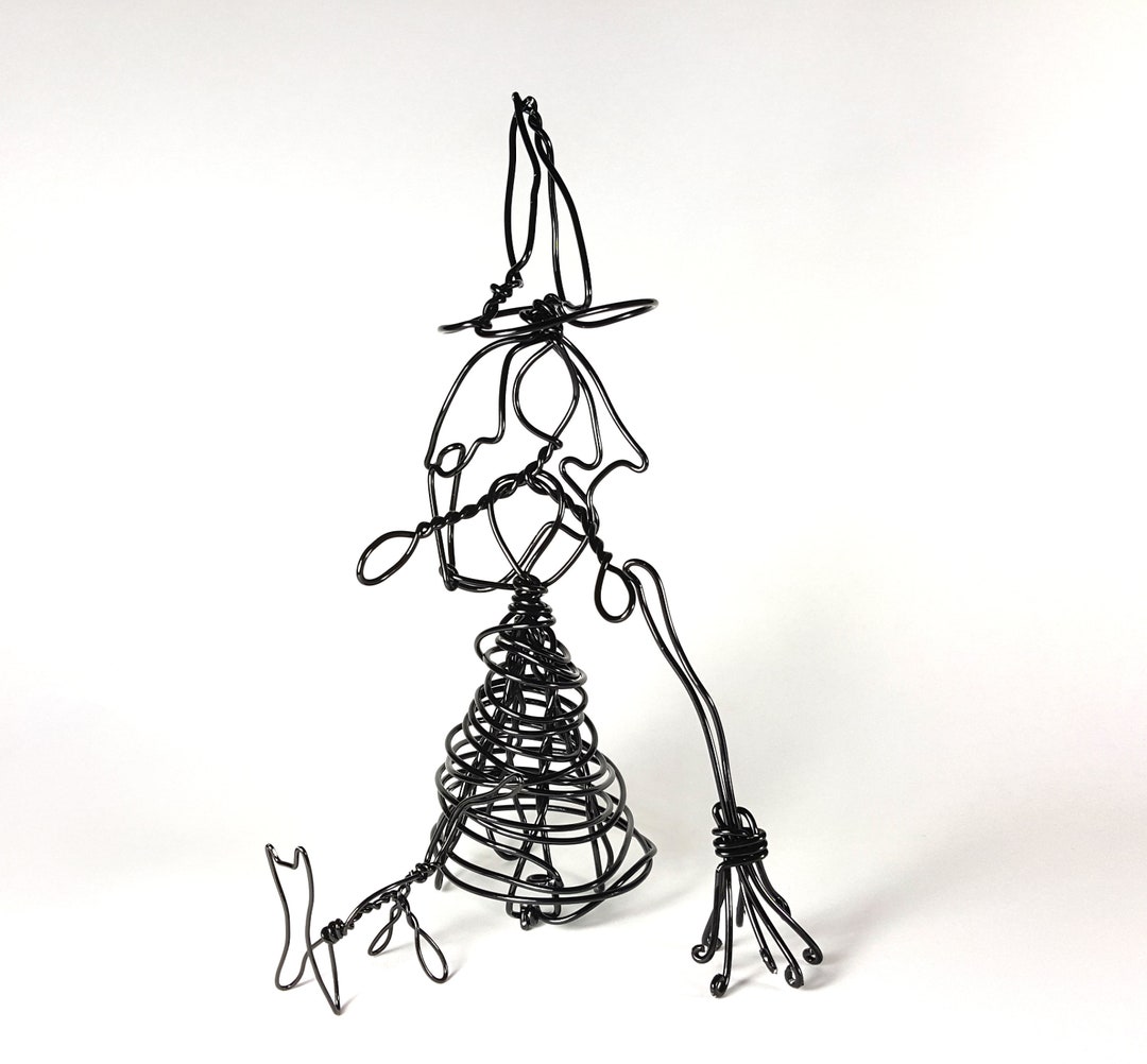Black Wire Witch With Broom and Black Cat - Original Handmade Wire ...