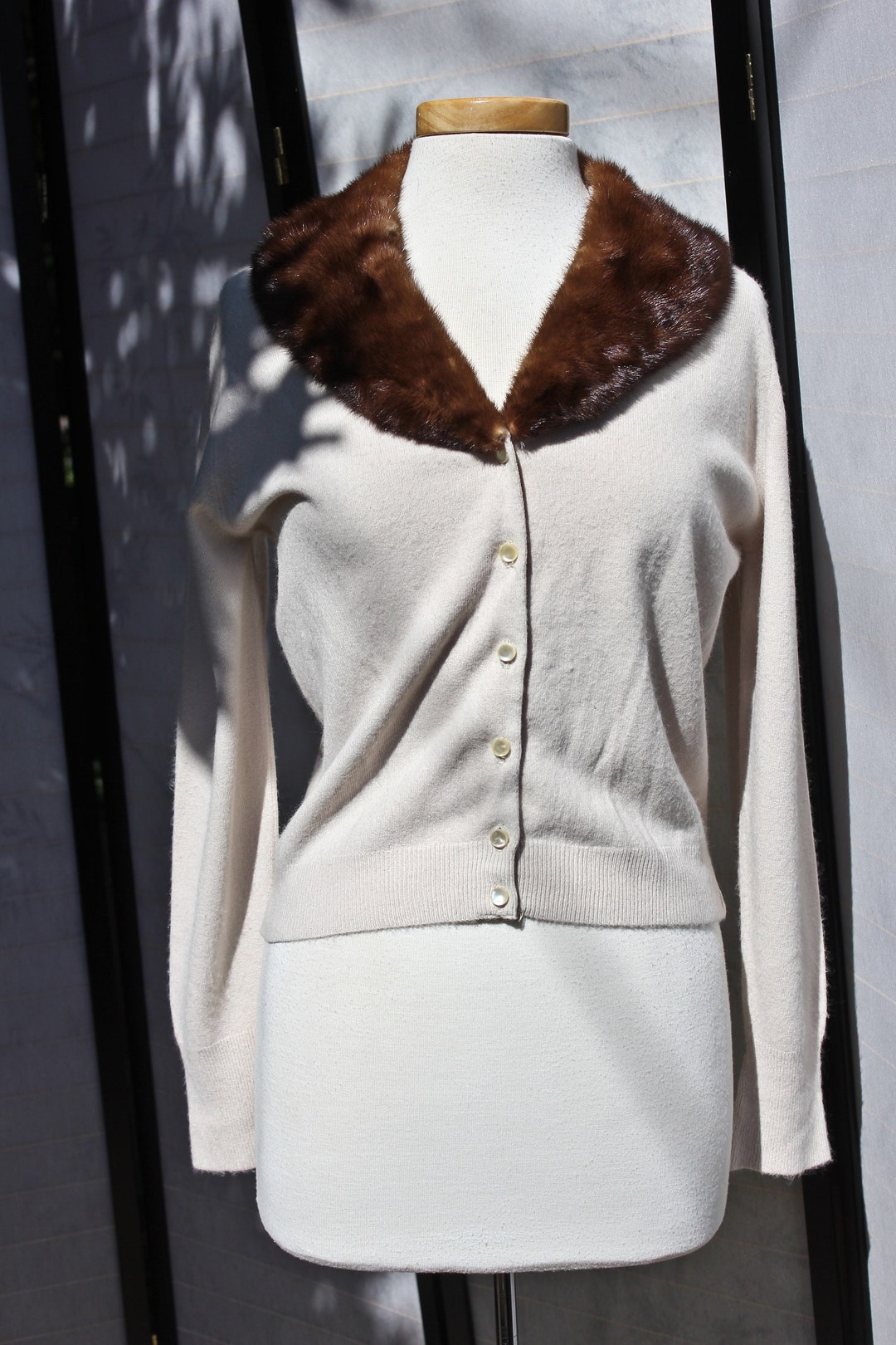Beige Machine Knit and Brown Faux Fur Collar Pin up Style Sweater ...