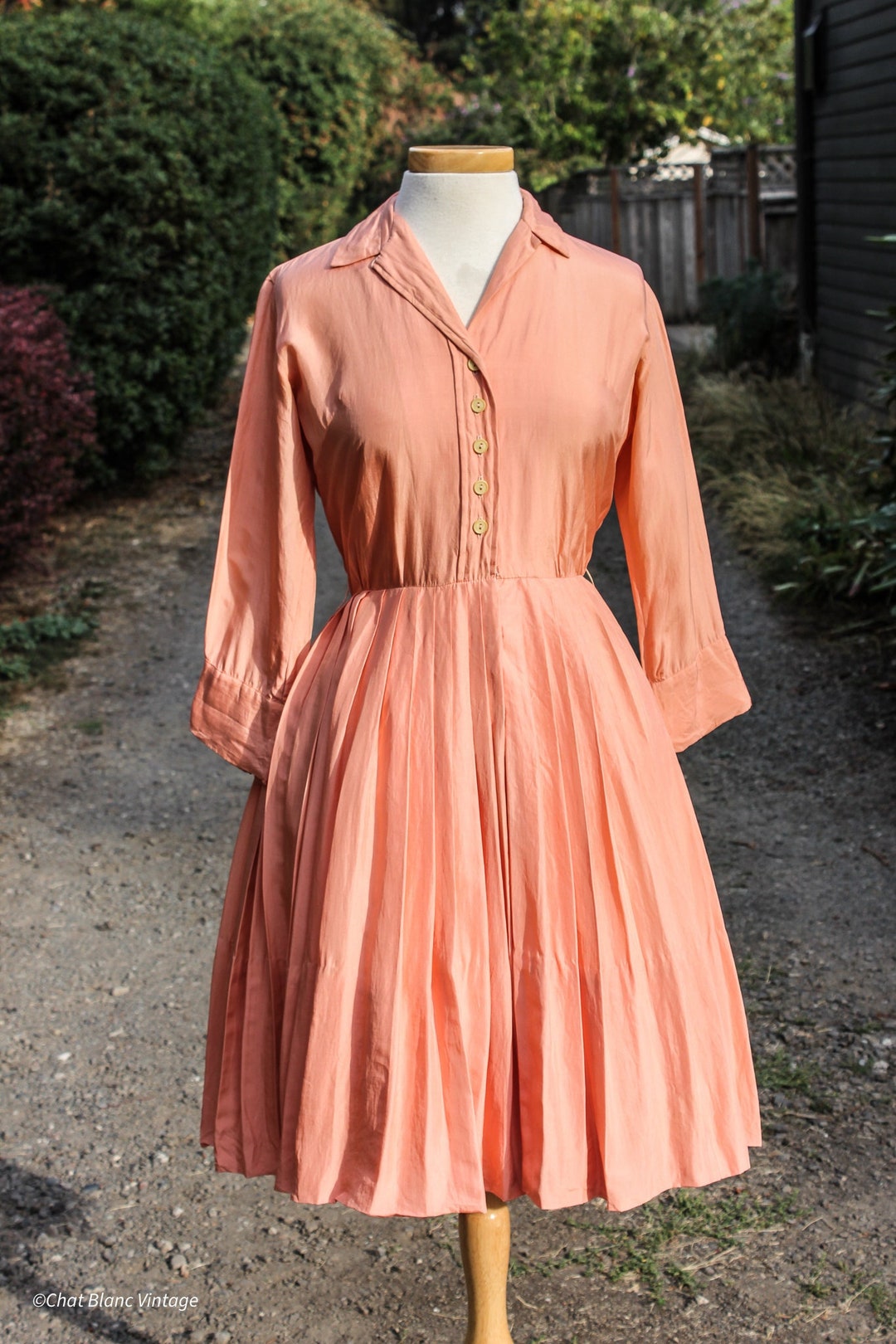Coral Silk Pleated Long Sleeved New Look Shirt Dress, Circa 1940s-50s ...