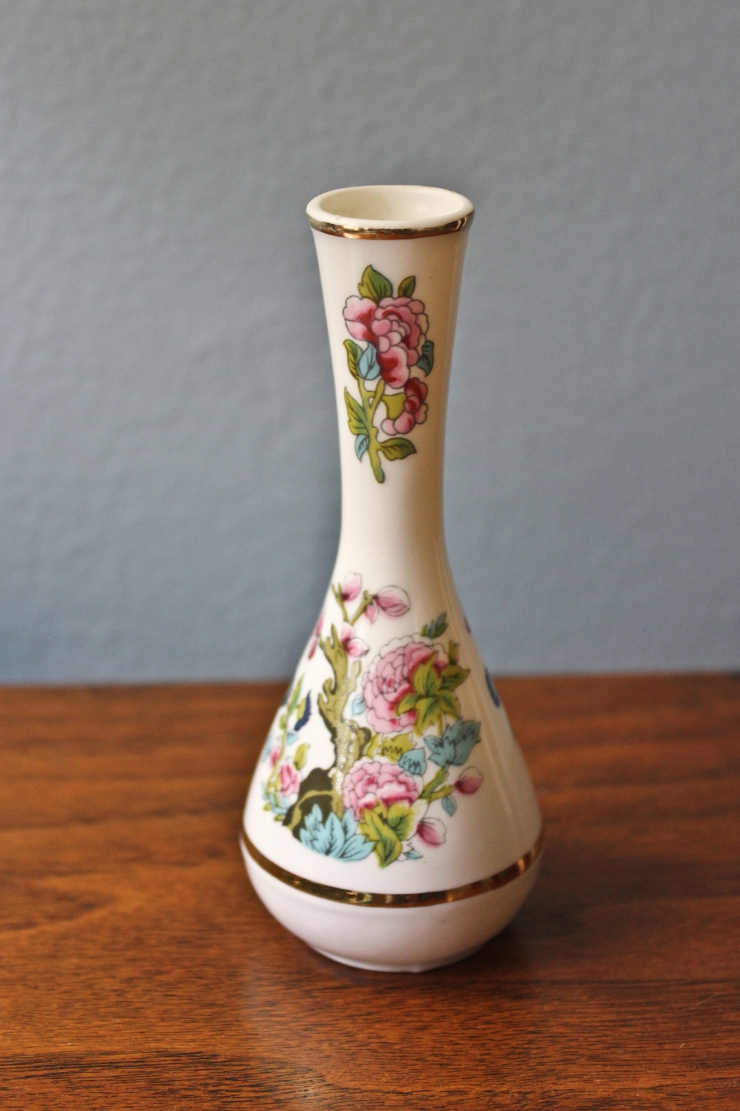 Vintage Sheer Elegance Bone China Bud Vase: Pink & Blue Floral, Gold ...