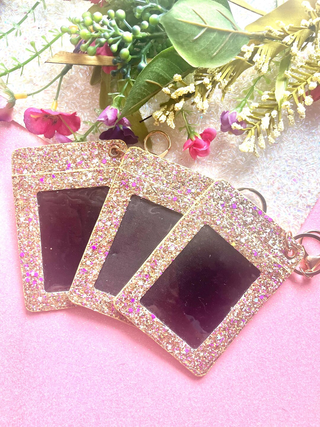 Glitter PU Leather Id Card Holder Keychain | ID Card Holder Wallet ...