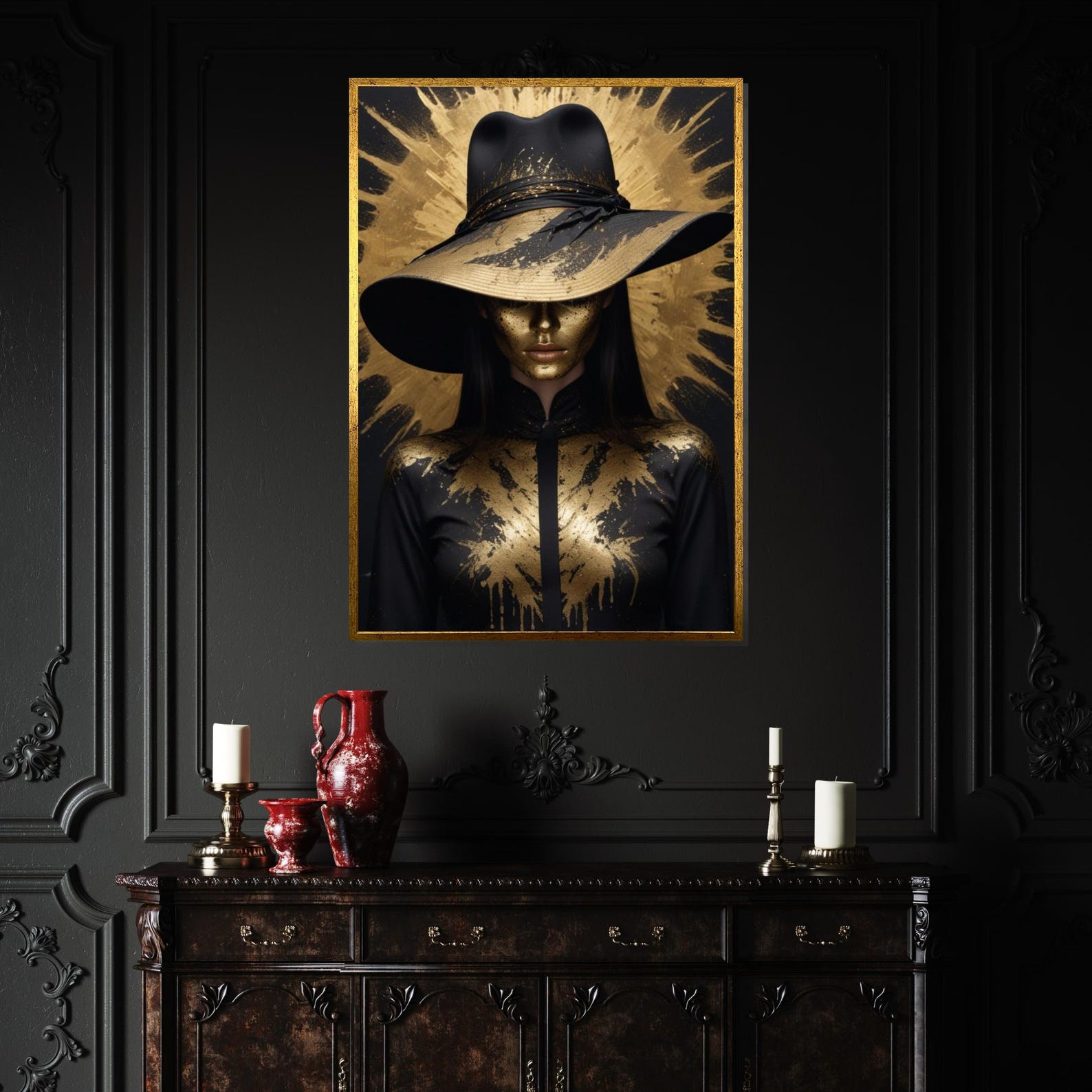 Gold Splatter Hat Canvas, Elegant Woman Art, Black Gold Print, Fashion ...