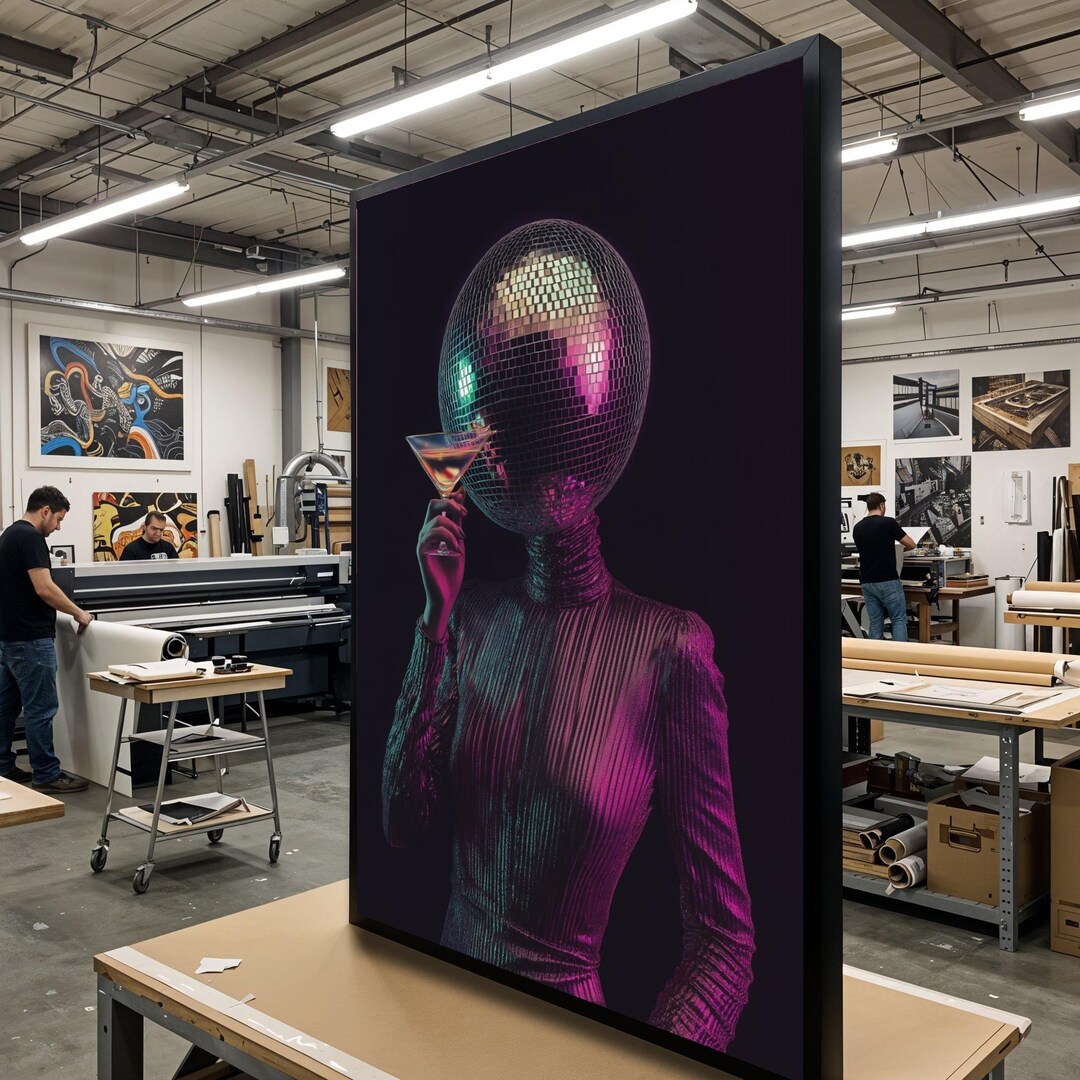 Disco Glam Canvas, Disco Ball Head Art, Futuristic Wall Art, Cocktail ...