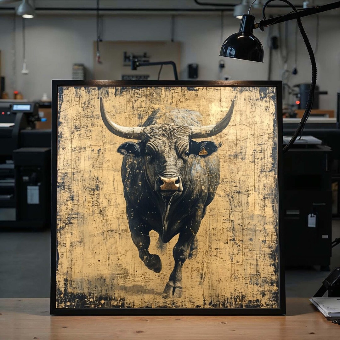 Bull Canvas Wall Art, Powerful Bull Print, Animal Wall Art, Rustic ...