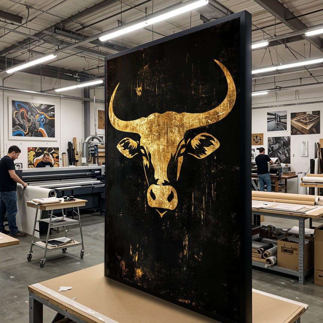 Golden Bull Canvas, Bull Head Wall Art, Abstract Animal Art, Home Decor ...