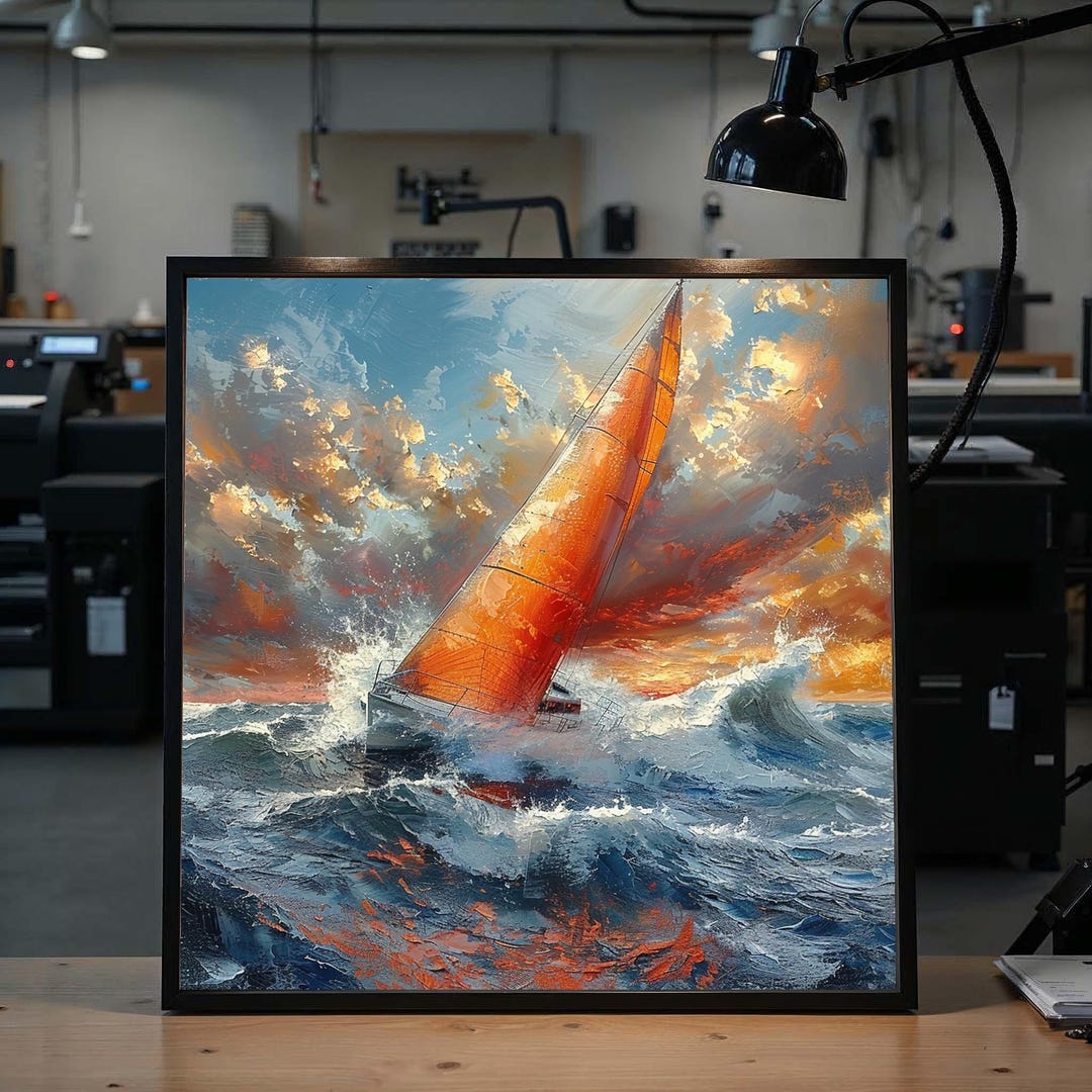 Fiery Sailboat Canvas, Ocean Storm Art, Sailing Wall Print, Dynamic ...