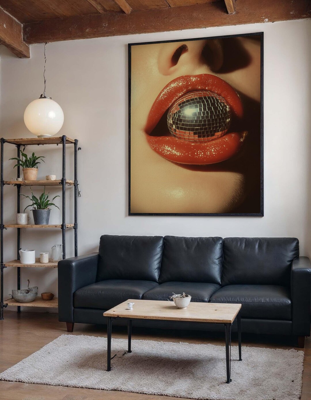 Disco Lips Canvas, Glossy Red Lips Art, Glitter Ball Wall Art, Modern ...