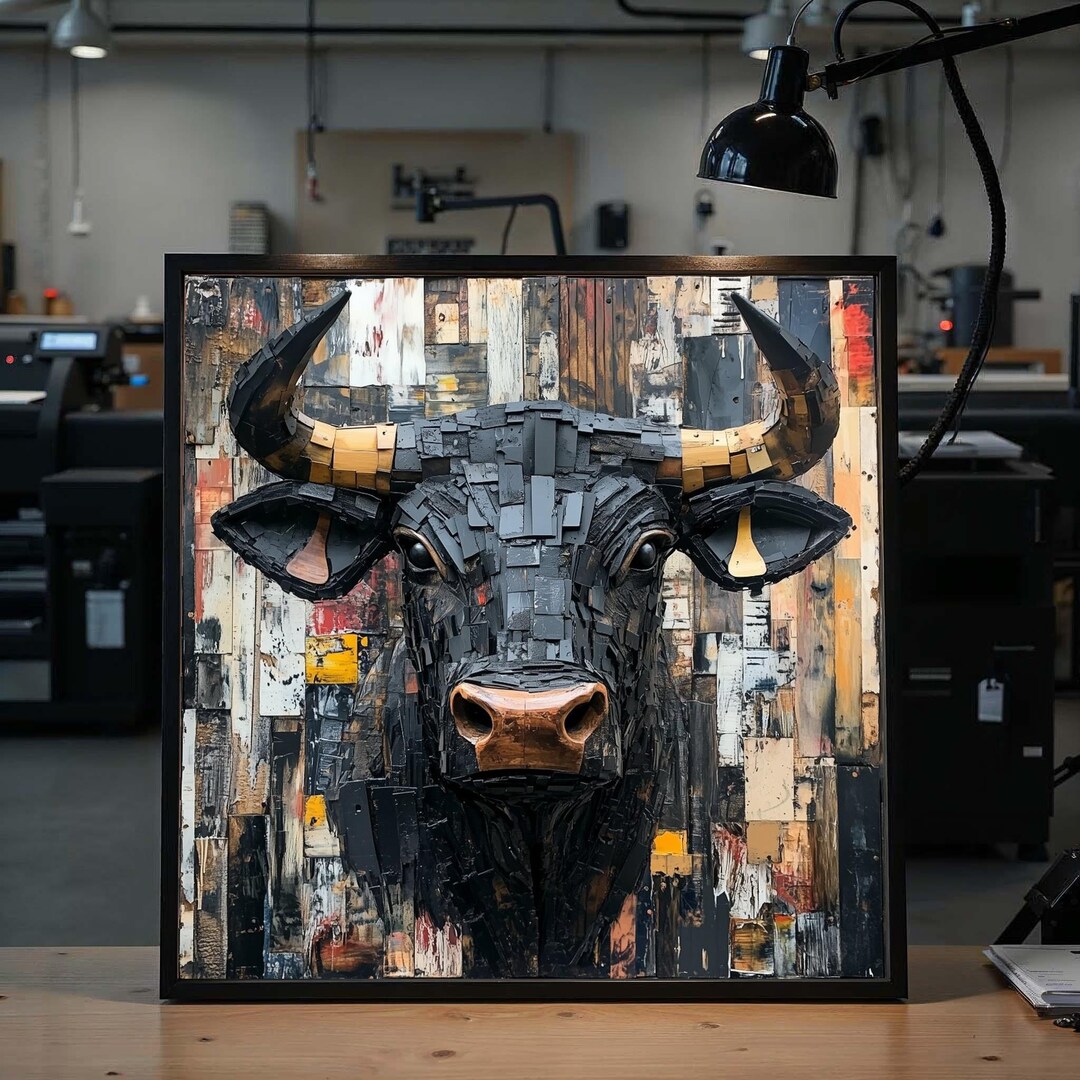 Bull Mosaic Canvas, Bull Art, Animal Wall Art, Rustic Bull Print, Wall ...