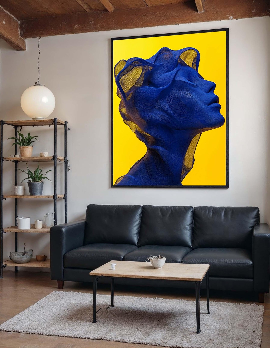 Abstract Blue Sculpture Canvas, Modern Art Portrait, Yellow and Blue ...
