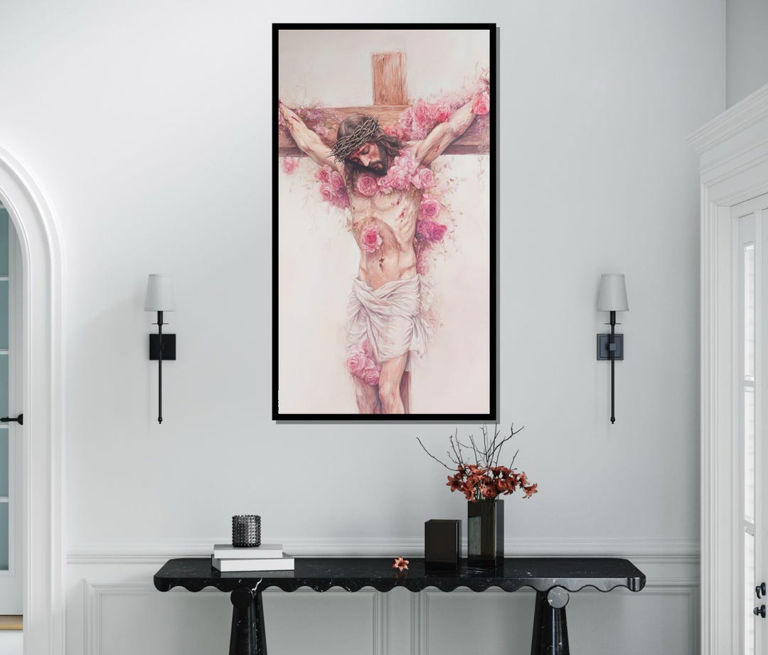 Crucifixion Flower Canvas, Jesus Art With Roses, Religious Wall Print ...