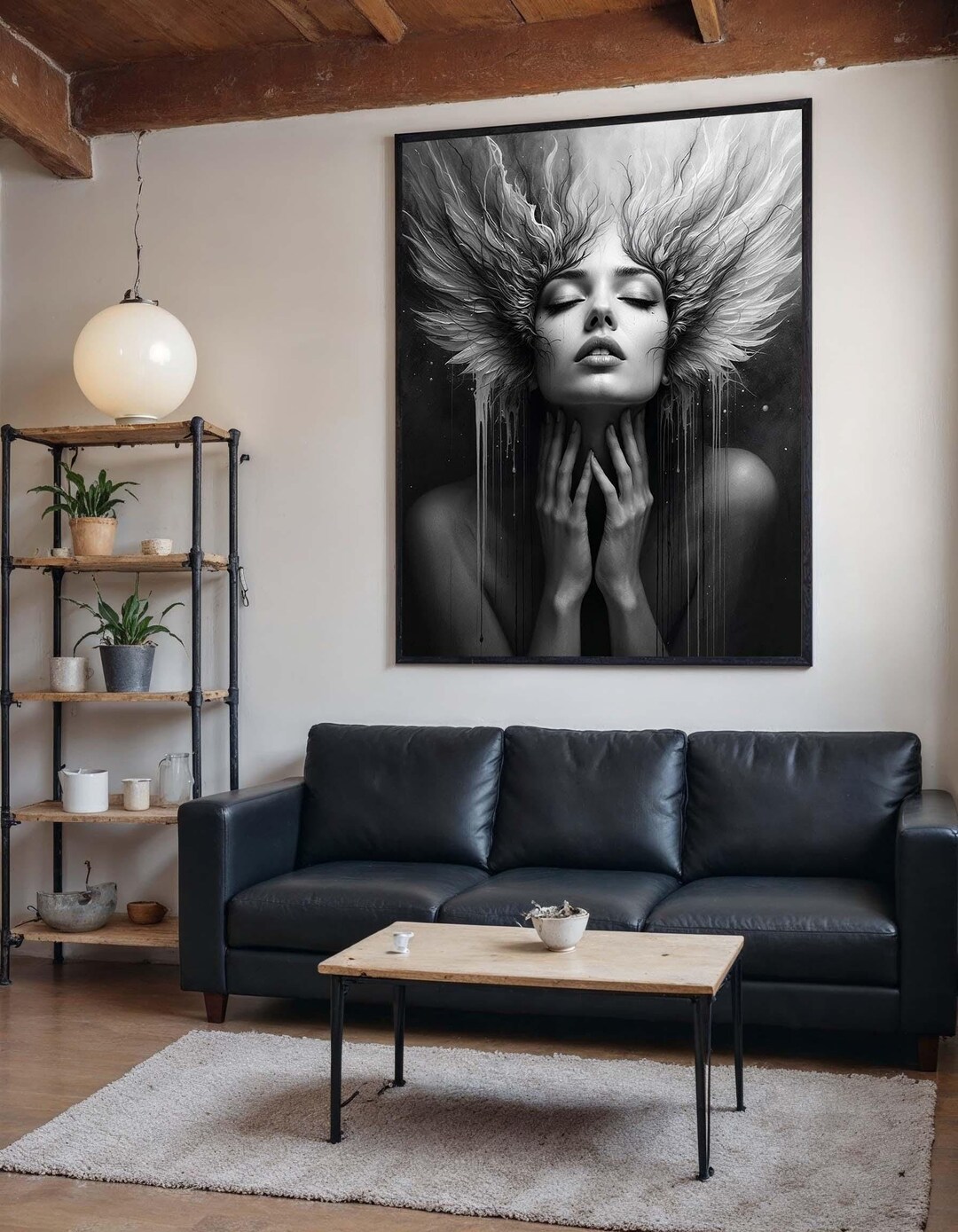 Woman Angel Wings Canvas, Black and White Fantasy Art, Ethereal Winged ...