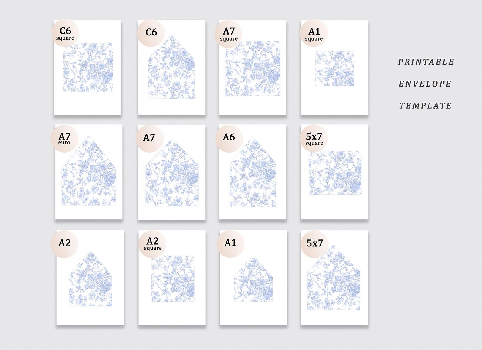Blue Floral Envelope Liner Template, Printable Envelope, A7, Euro Flap ...