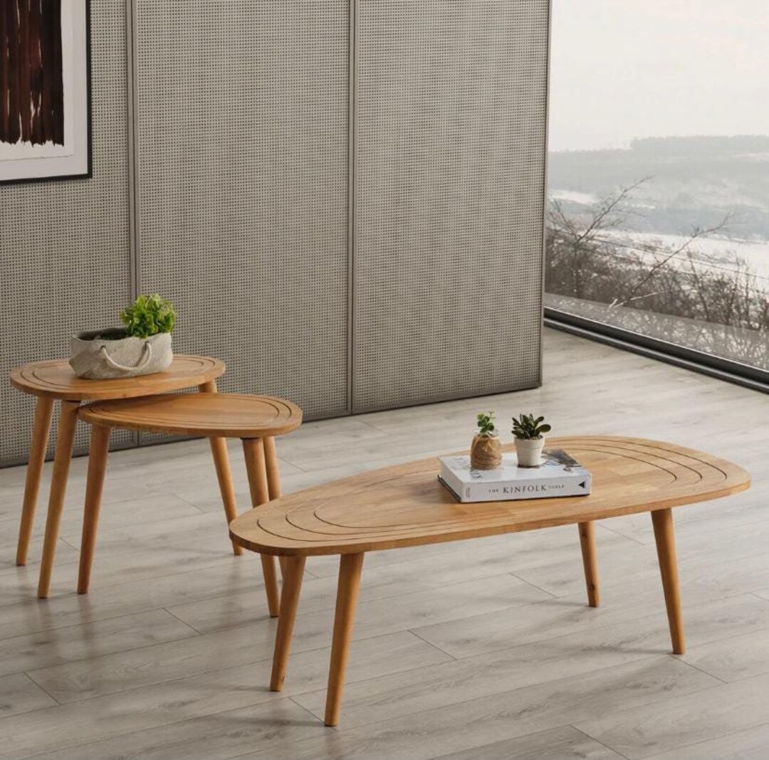 Wooden Coffee Table and 2-piece Nesting Table Set, Modern Solid Side ...