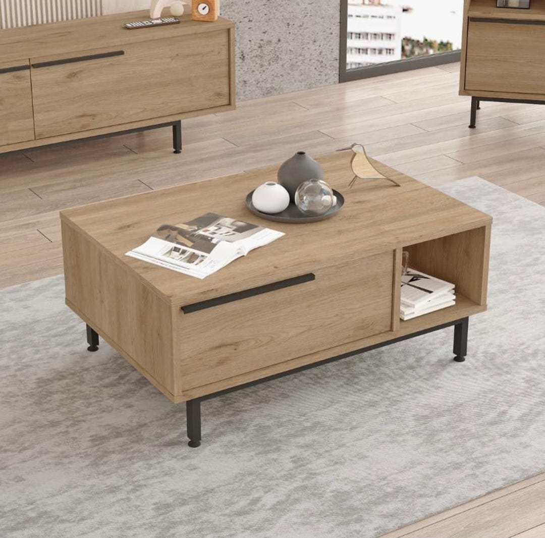 Coffee Table With Metal Legs and Basket With Cover, Coffe Table, Walnut ...