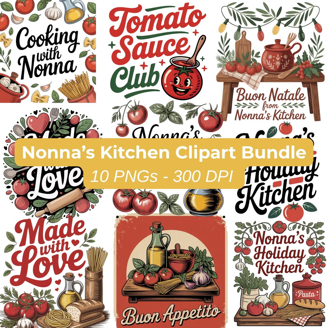 Nonna’s Kitchen Clipart Bundle | Retro Italian Cooking Art | Tomato ...