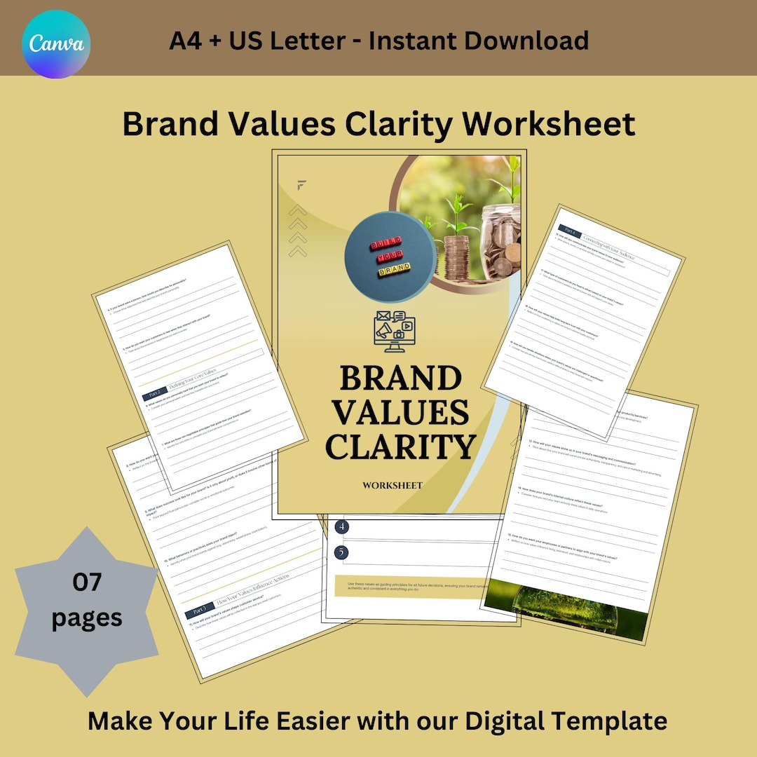 Brand Values Worksheet, Brand Identity Template, Entrepreneur Business ...