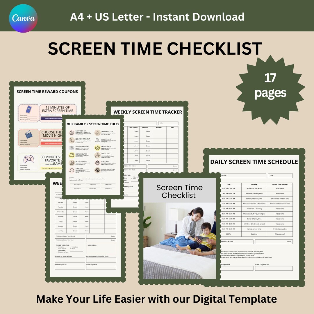 Screen Time Checklist, Daily Screen Time Chart Template, Kids Allowance ...