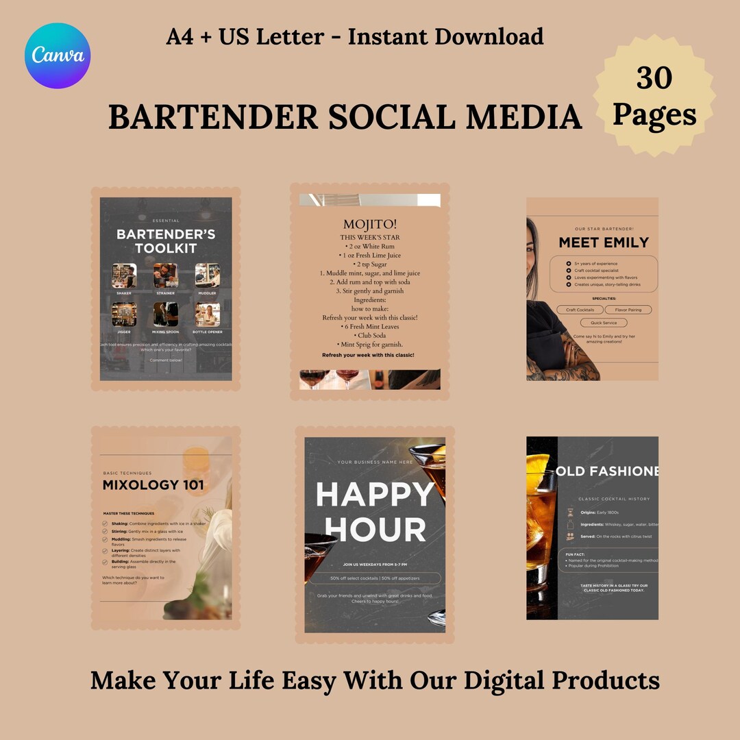 Bartender Social Media Template, Mojito Mint Recipe Template, Editable ...
