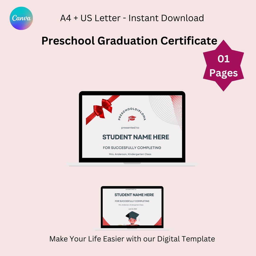 Preschool Graduation Certificate Card, Kids Graduation Certificate ...