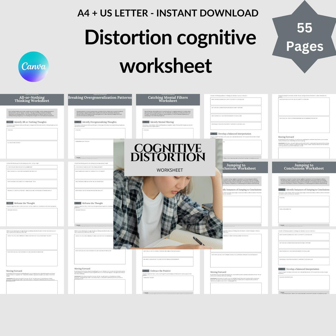 Cognitive Distortion Worksheet, Cbt Thinking Errors Templates, Mental ...