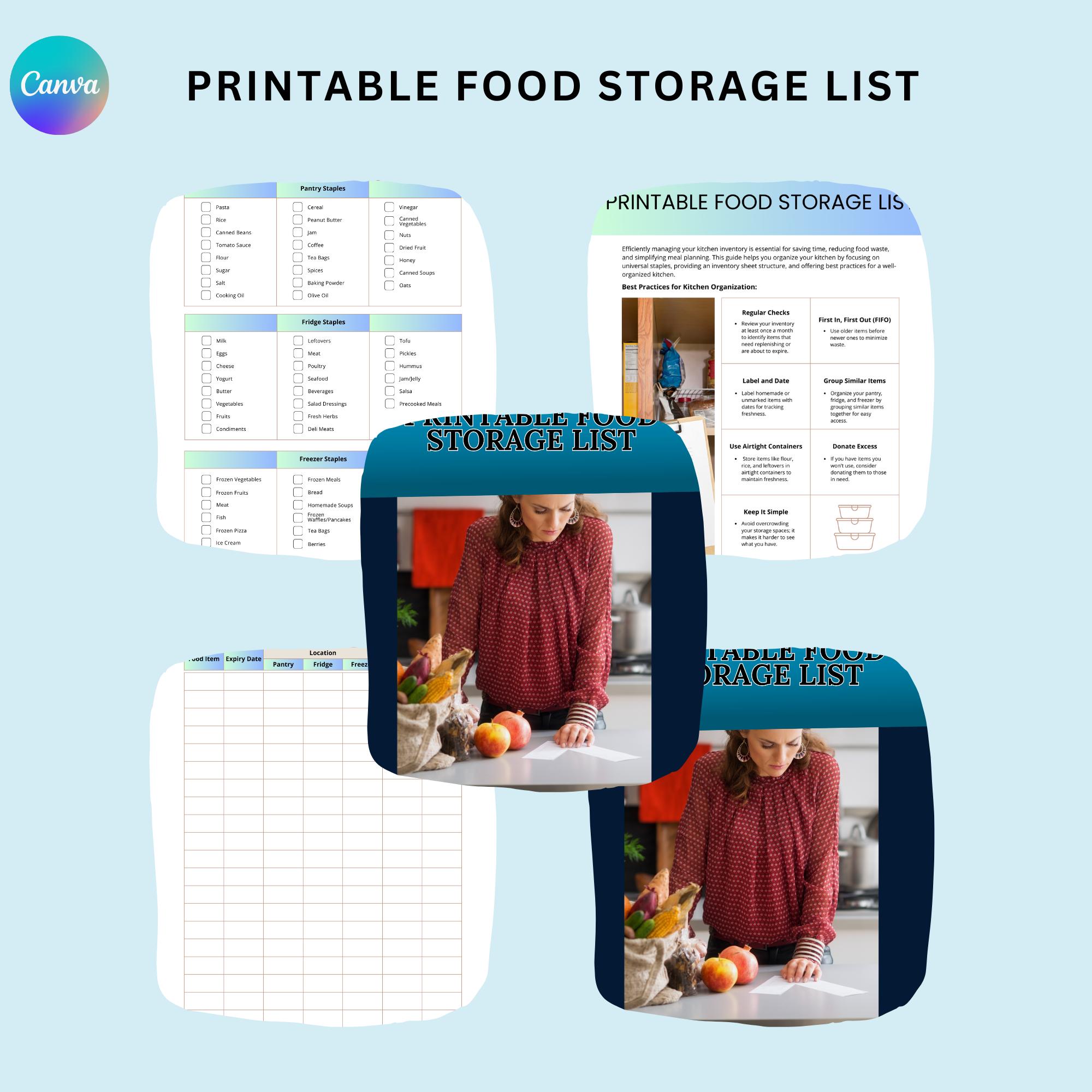 Printable Food Storage List, Kitchen Organization Checklist, Pantry ...