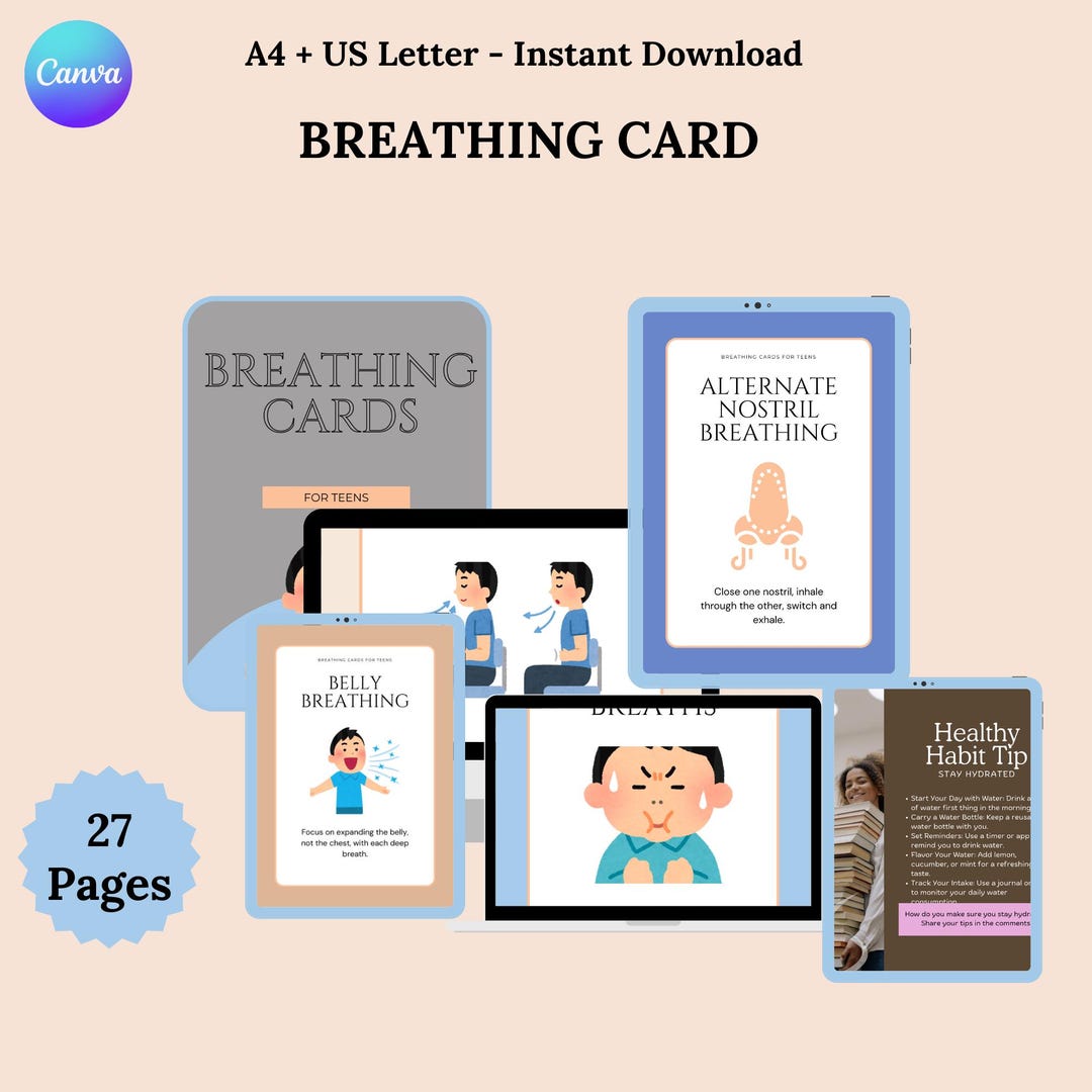 Breathing Cards, Breathing Exercises Poster, Mindful Therapy Cards ...