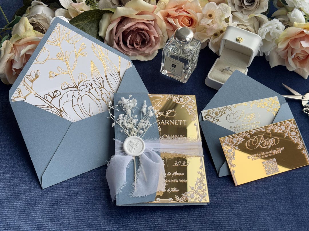Rustic Gold Acrylic Wedding Invitations With Dusty Blue Envelopes ...
