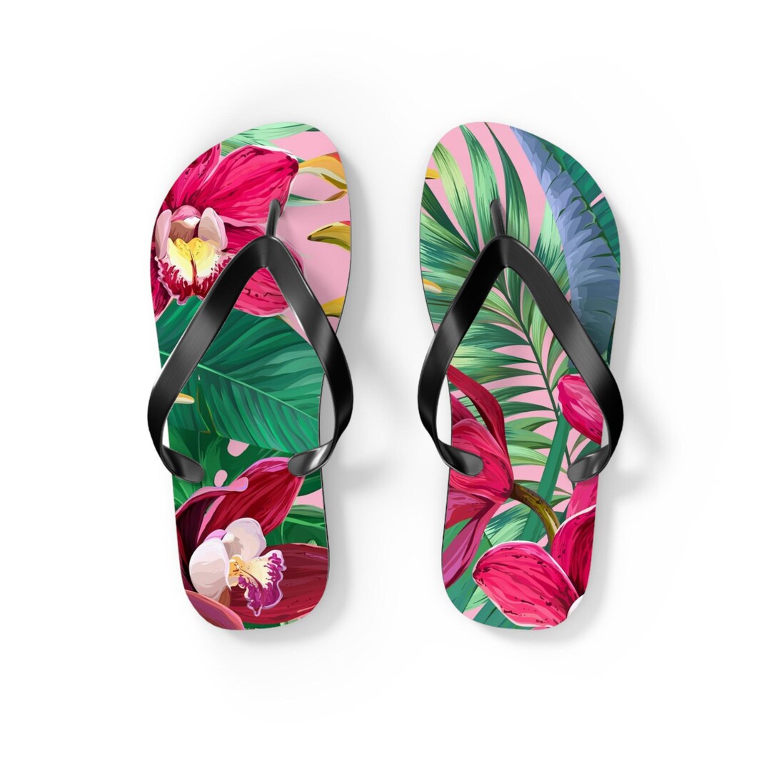 Tropical Floral Flip Flops - Summer Sandals, Beach Vacation Footwear ...