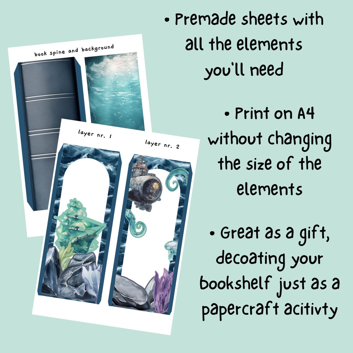 Underwater Book Nook Printable Home Decor Bookworm Gift for Bookshelf ...