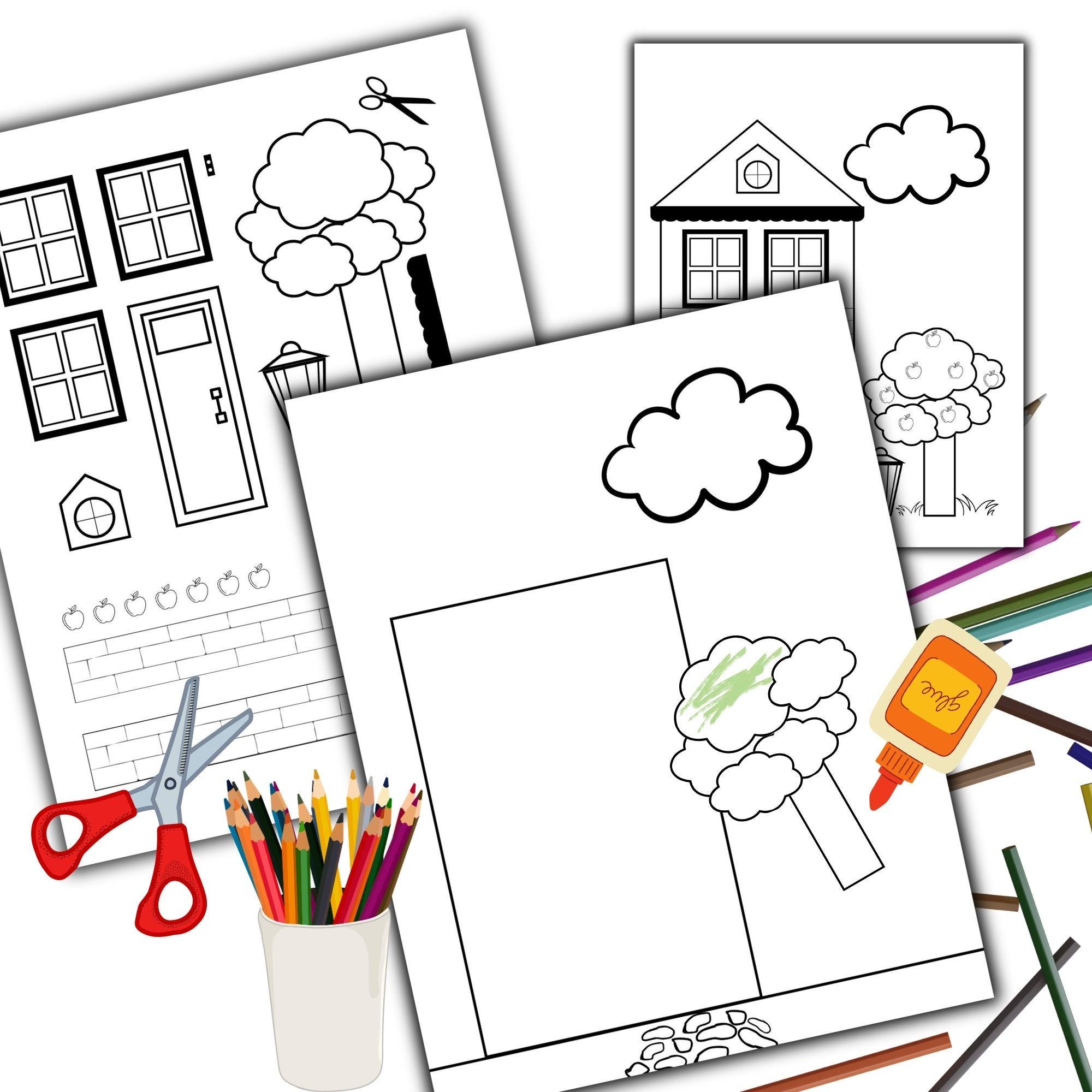 Cut Glue Paper Activity Building House Coloring Worksheets Kindergarten ...