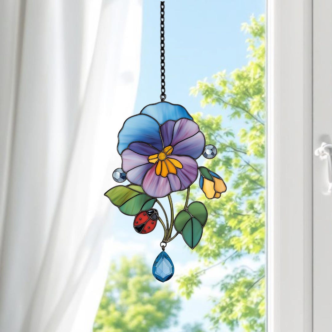 Pansy With Ladybug, Acrylic Window Art, Faux Acrylic Suncatcher, Floral ...