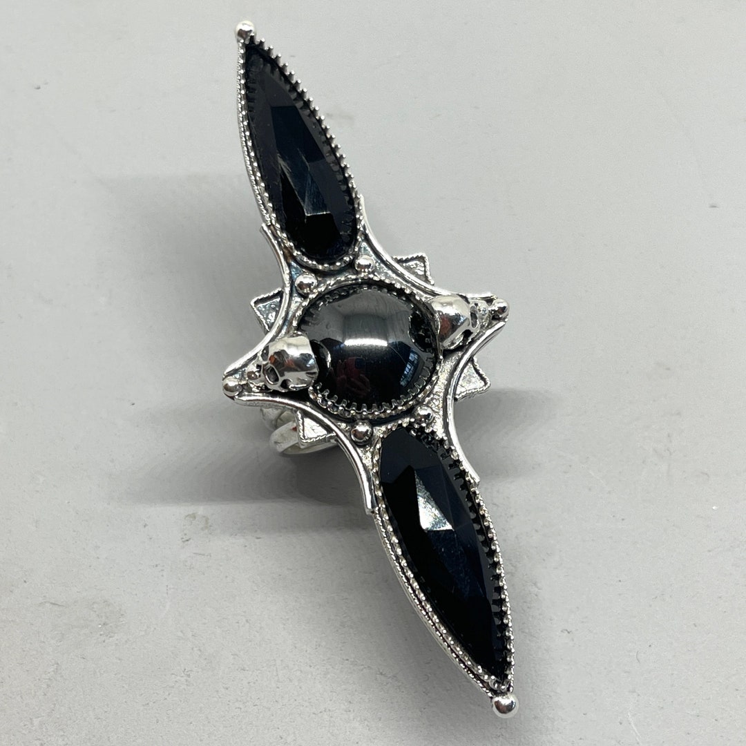 Onyx and Hematite Statement Ring With Skulls, Custom Sized Gothic Ring ...