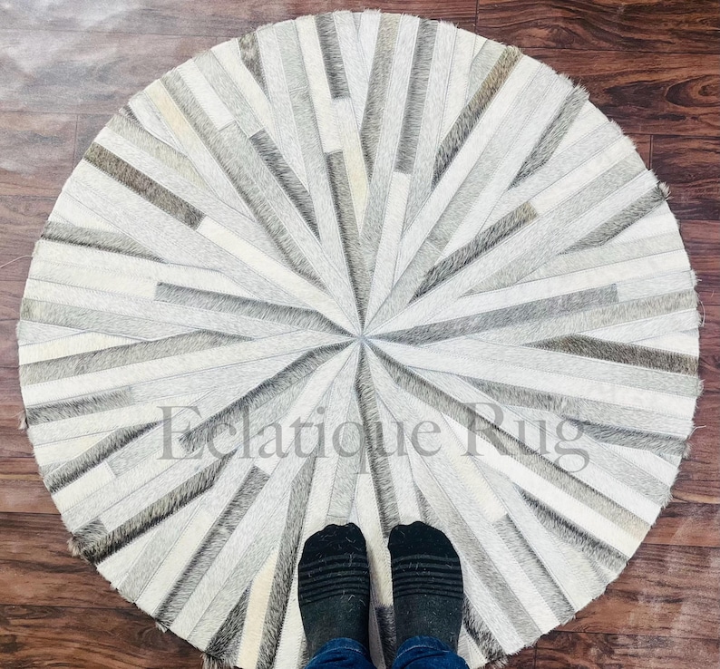 Handmade Round Cowhide Area Rug – Modern Patchwork Hair-on Leather ...
