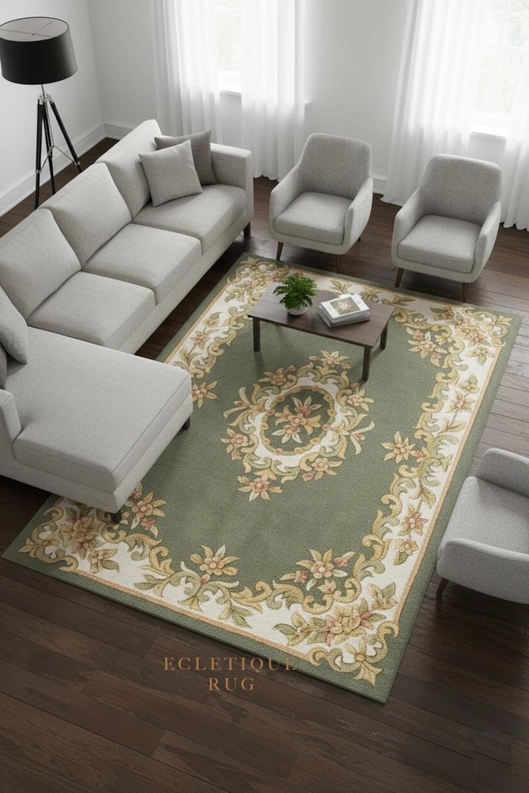 Olive Green Abushan Design Wool Rug – Hand-tufted Vintage Floral Carpet ...