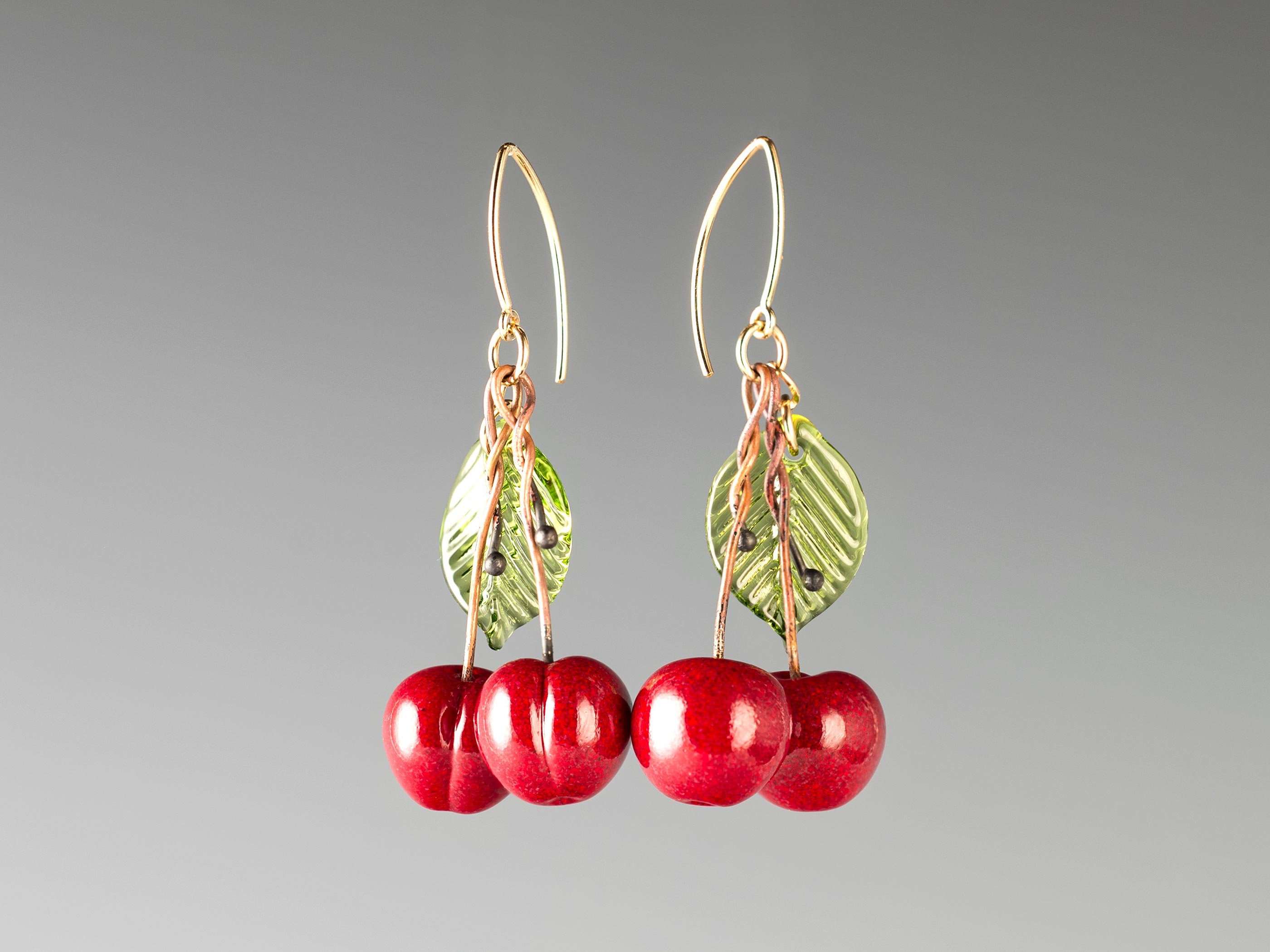 Glass Cherry Earrings Fruit Earrings With Leaves Double Cherry Earrings Hand Blown Glass Art Fairy Jewelry Whimsical Earrings Valentine Etsy
