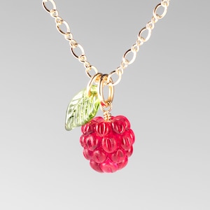Raspberry Charm Necklace W/ Small Glass Raspberry on Sterling Silver or ...