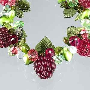 Raspberry Bracelet W/ 5 Glass Raspberries Leaves on Sterling Silver or ...