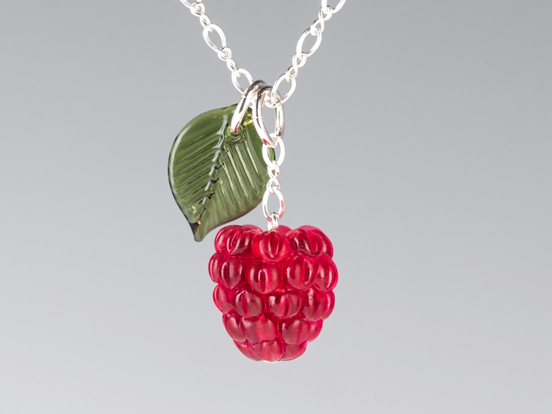 Raspberry Necklace W/ Life-sized Glass Raspberry Charm Leaf on Sterling ...