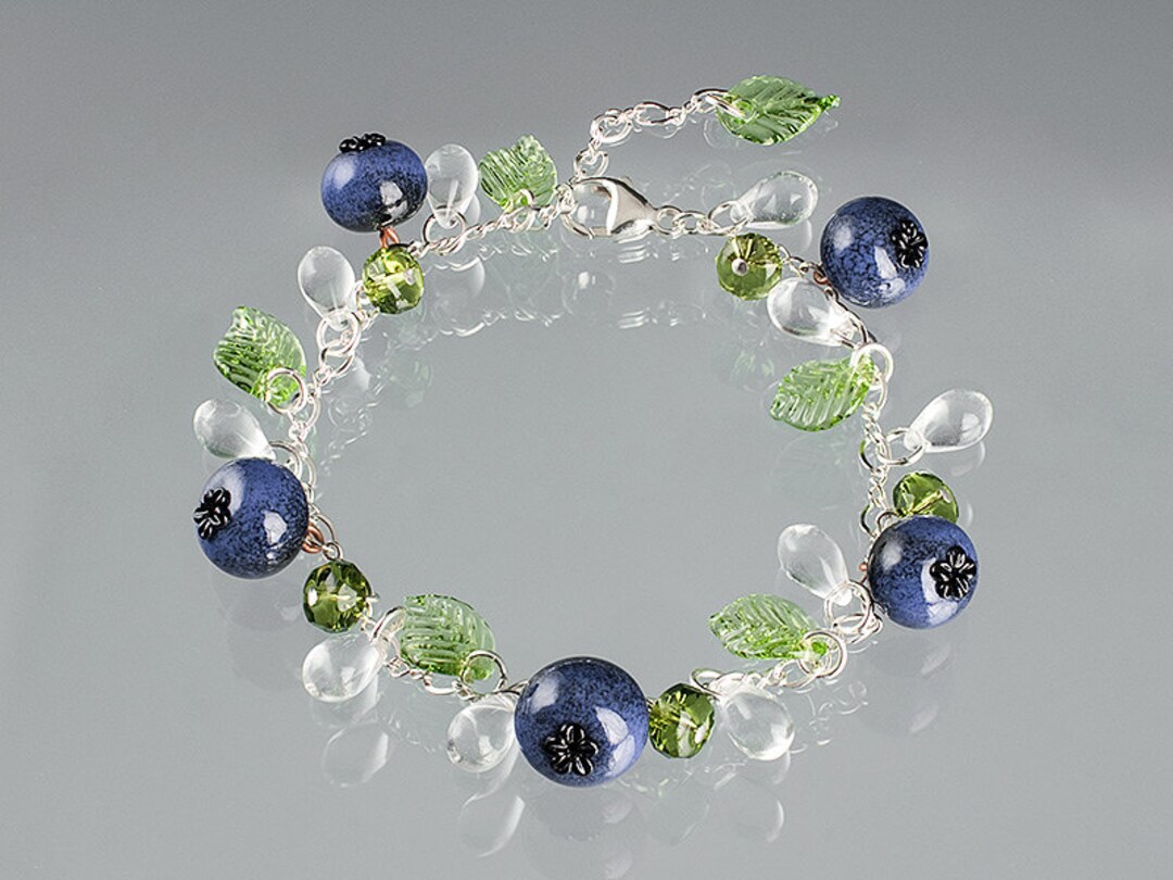 Blueberry Bracelet W Realistic Hand Blown Glass Blueberries Leaves Water Drops on Sterling ...