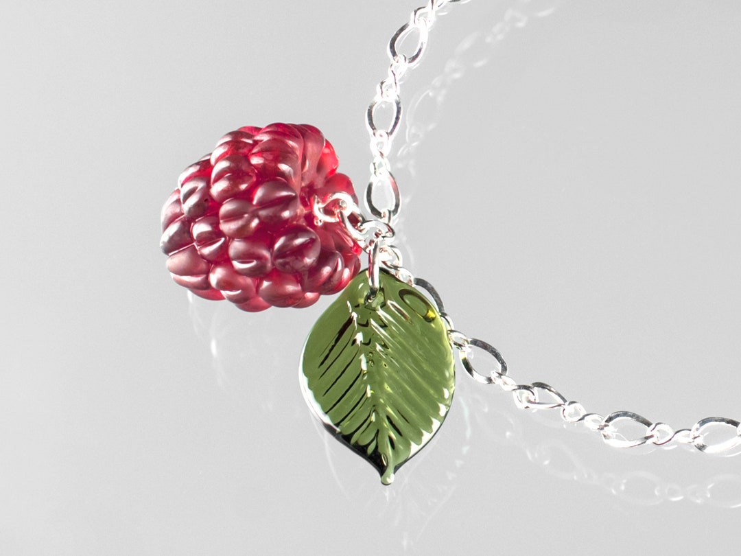 Raspberry Charm Bracelet W/ Glass Raspberry Leaf on Sterling Silver or ...