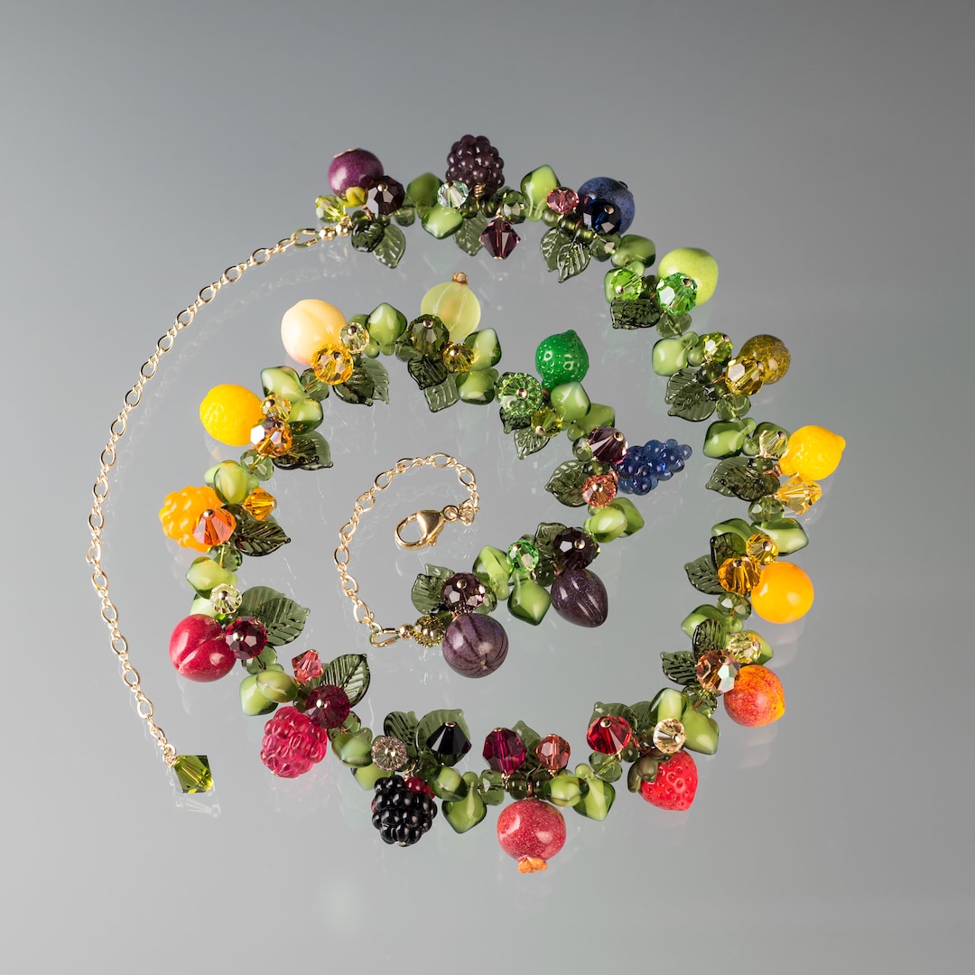 Glass Fruit Necklace, 21 rainbow colors of hand blown glass beads, full ...