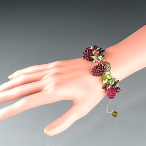 Raspberry Bracelet W/ 5 Glass Raspberries Leaves on Sterling Silver or ...