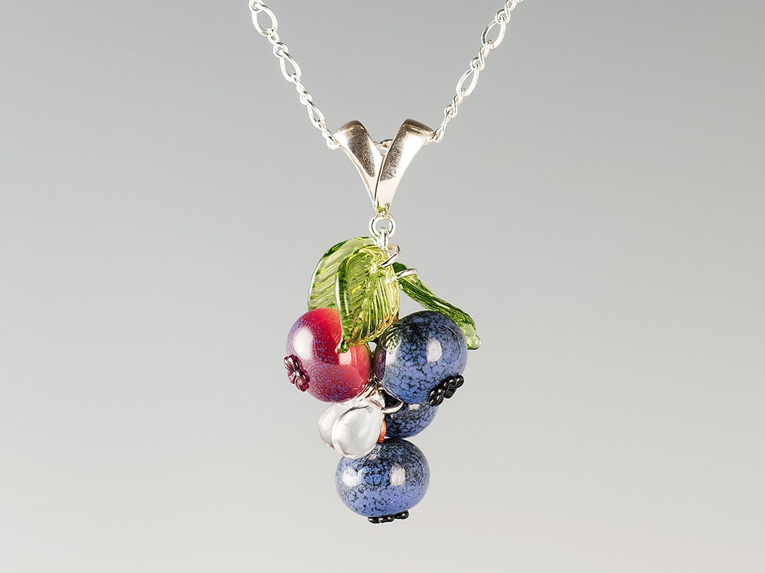 Blueberry Pendant Necklace W Hand Blown Glass Blueberries Leaves on ...