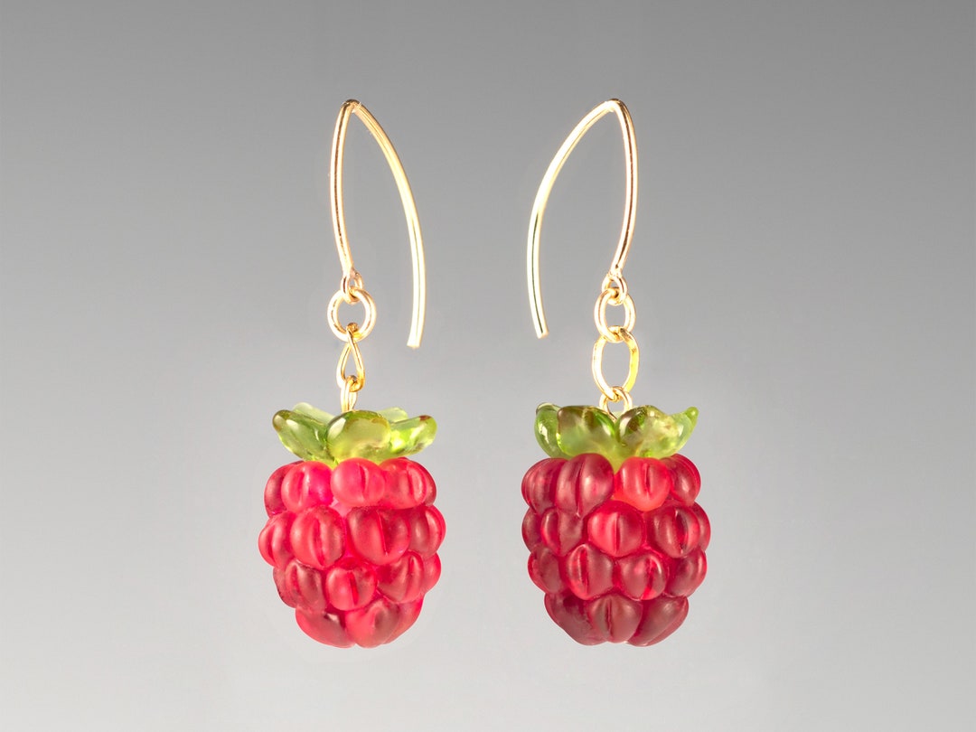 Raspberry Earrings, Hand Blown Glass Jewelry, Cute Fruit Earrings, Fake ...