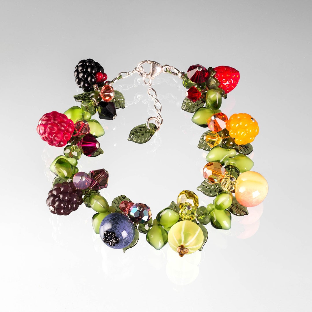 Glass Berry Bead Bracelet, 8 Rainbow Colors of Hand Blown Glass Fruits ...