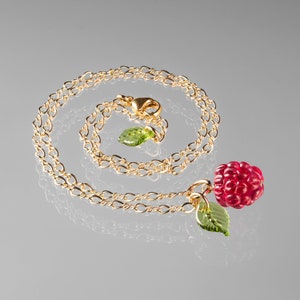 Raspberry Charm Necklace W/ Small Glass Raspberry on Sterling Silver or ...