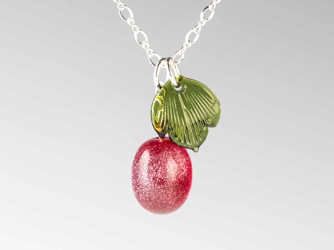 Grape Necklace, Red Hand Blown Glass Grape + Leaf on Sterling Silver or ...