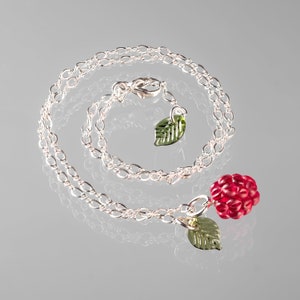 Raspberry Charm Necklace W/ Small Glass Raspberry on Sterling Silver or ...