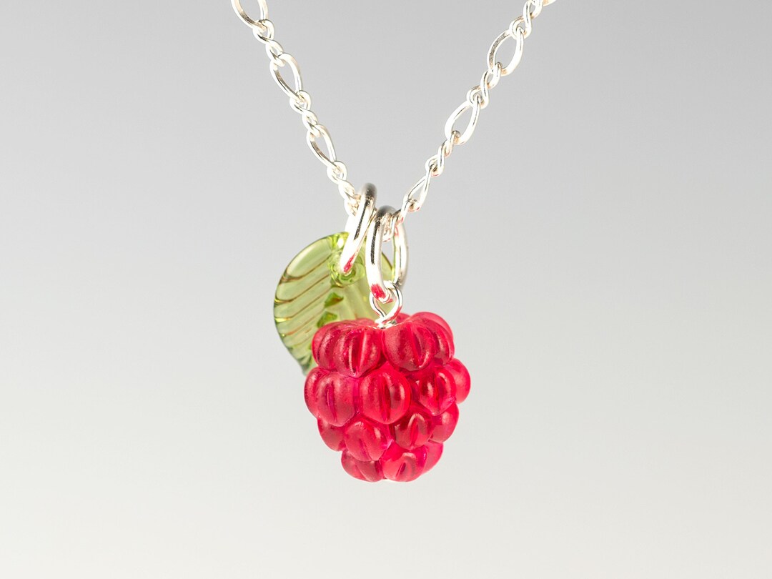 Raspberry Charm Necklace W/ Small Glass Raspberry on Sterling Silver or ...