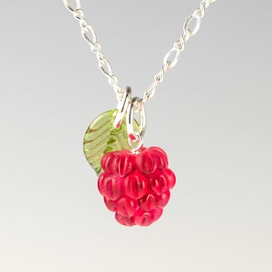 Raspberry Charm Necklace W/ Small Glass Raspberry on Sterling Silver or ...